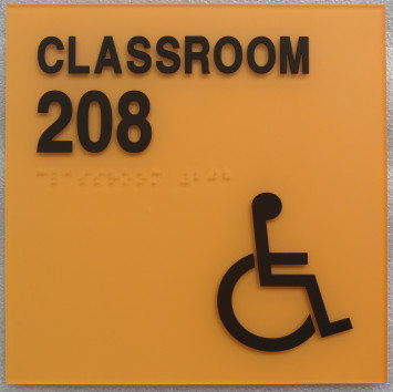 ADA Standards Orange Classroom Disabled Sign Clear Grade II Accent Braille Square Corner