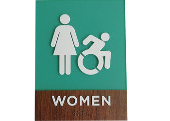 Three Dimensional ADA Compliant Restroom Signage Wood Grain Laminate Clear Grade II Braille