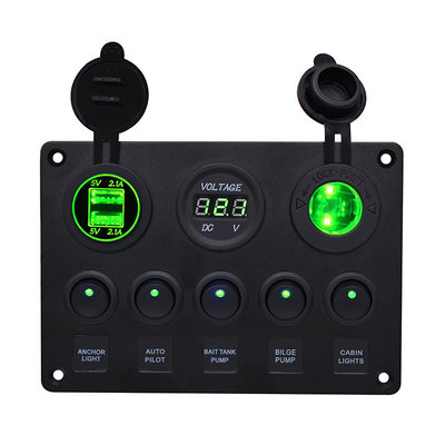 Top Sale 12-24V Waterproof On Off Marine Dual USB Charger Digital Voltmeter 5Gang Rocker Switch Panel With Car cigarette