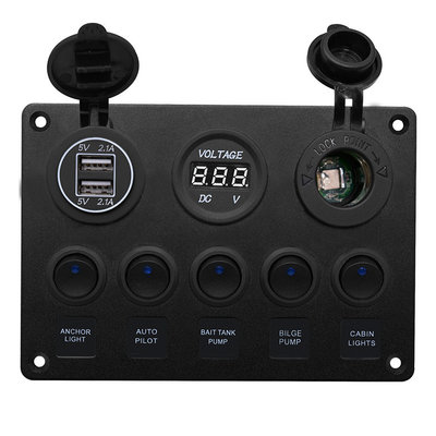 Top Sale 12-24V Waterproof On Off Marine Dual USB Charger Digital Voltmeter 5Gang Rocker Switch Panel With Car cigarette
