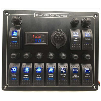 Hot Selling Waterproof On Off 10 Gang 5Pin With Digital Voltmeter Car Cigarette Lighter Rocker Switch Panel