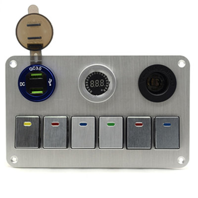 New Design Drawing Silver Aluminum alloy 12V 2A Dual USB Car Charger Cigarette Lighter 6Gang Rocker Switch Panel Plate