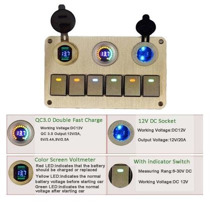 6 Gang Switch Panel 12V 24V Rocker USB Socket Power Socket Breaker QC3.0 RV Car Marine