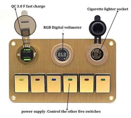 Metal 6 Gang Switch Panel 12V Rocker USB Socket Power Socket Breaker Control QC3.0 RV Car Marine