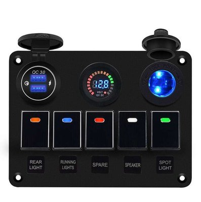 5 Colors LED 5 Gang Switch Panel 12V/24V Rocker USB Socket Power Socket Breaker Control QC3.0 RV Car Marine