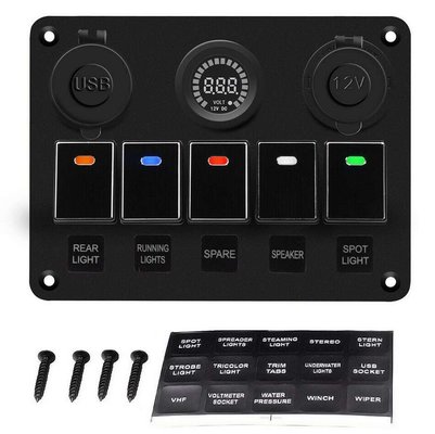 5 Colors LED 5 Gang Switch Panel 12V/24V Rocker USB Socket Power Socket Breaker Control QC3.0 RV Car Marine