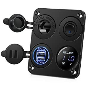12V Marine Car Charger Socket Panel, 4 in 1 Waterproof Boat Cell Phone Rocker Switch Panel with 12 Volt Dual USB Power O