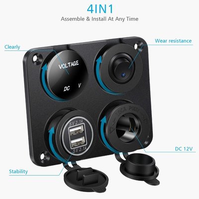 12V Marine Car Charger Socket Panel, 4 in 1 Waterproof Boat Cell Phone Rocker Switch Panel with 12 Volt Dual USB Power O