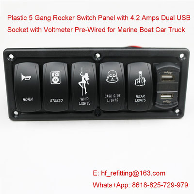 Plastic 5 Gang Rocker Switch Panel with 4.2 Amps Dual USB Socket with Voltmeter Pre-Wired for Marine Boat Car Truck