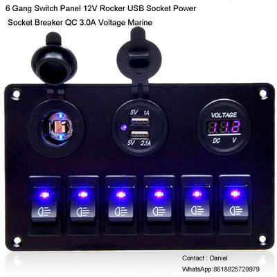 Blue LED 6 Gang Switch Panel 12V Rocker USB Socket Power Socket Breaker QC 3.0A Voltage Marine