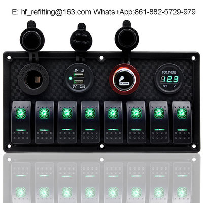 Waterproof Marine Boat 8 gang Rocker Switch Panel with Dual USB charger + Cigarette Lighter +voltmeter