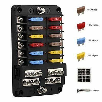 12 Way Car Fuse Box Blade Fuse Block Holder Screw Terminal W/Negative Red Indicator 12N
