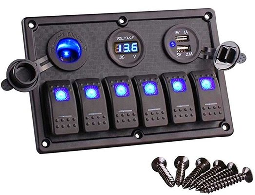 Dual USB Socket Charger 3.1A, Digital Voltmeter, 12V Cigarette Lighter Power Outlet Adapter and on-off 12v 6 gang switch