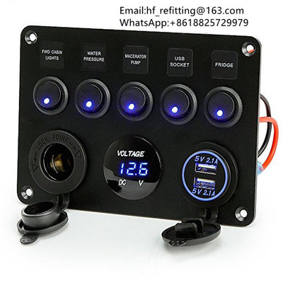 Factory Direct 5 Gang Blue Led Mini Toggle Switch Panel Voltmeter 4.2A Double USB for RV Car Marine Boat 12V-24V