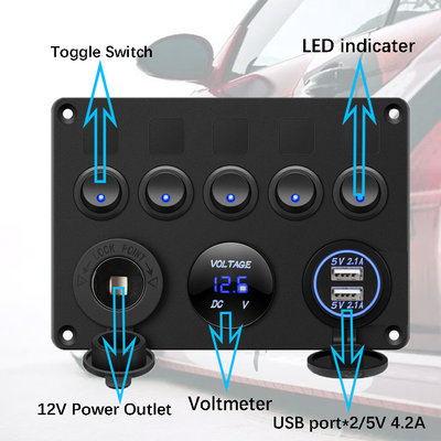 Factory Direct 5 Gang Blue Led Mini Toggle Switch Panel Voltmeter 4.2A Double USB for RV Car Marine Boat 12V-24V