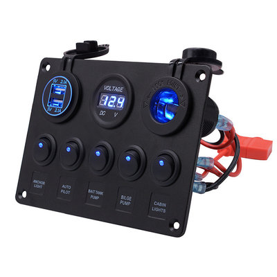 Dual USB Socket Charger 3.1A, Digital Voltmeter, 12V Cigarette Lighter Power Outlet Adapter and on-off 12v 6 gang switch