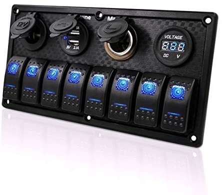 8 Gang Waterproof Rocker Switch Panel - with Fuse DC 12V/24V Digital Voltage Display Dual USB Slot Power Socket