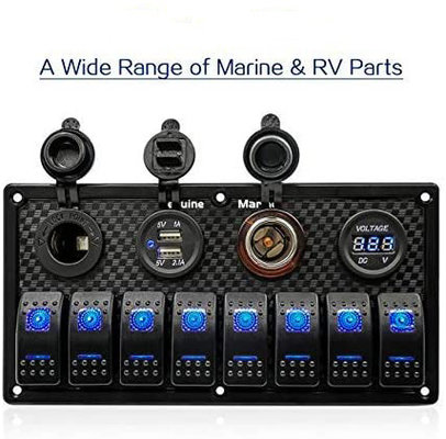 8 Gang Waterproof Rocker Switch Panel - with Fuse DC 12V/24V Digital Voltage Display Dual USB Slot Power Socket