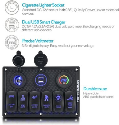 Waterproof Rocker Switch Panel with Fuse, 6 Gang ON-Off Toggle Switch Dual USB Digital Voltmeter and Cigarette Lighter