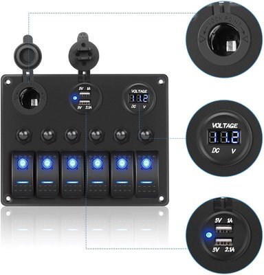 Waterproof Marine Boat Rocker Switch Panel Gang with Dual USB Slot Socket + Cigarette Lighter LED Light for Car Rv