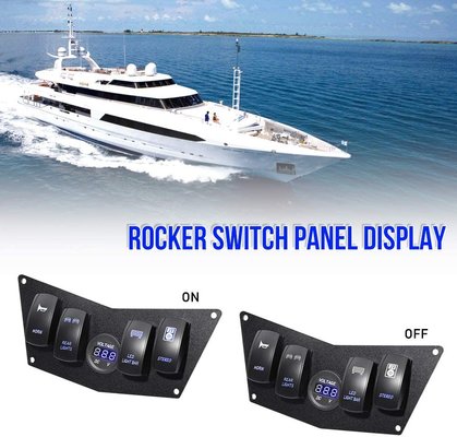 4 Gang 5 Pin Boat Rocker Switch Panel with Fuse ON Off Switch 30V Waterproof Blue LED Light for RV Car Vehicles Truck