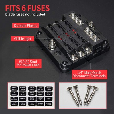 6-Way Fuse Panel Box Blade Holder w/Negative 12V 6-Circuit Fuse Block Box LED Light Indication & Protection Cover,