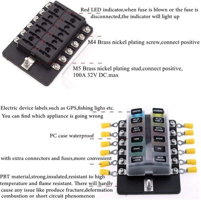 12 Way Fuse Block 12 volt -32 volt LED Red Light Indicator Blade Fuse Box for Boat Camper Car Truck RV Trailer Solar