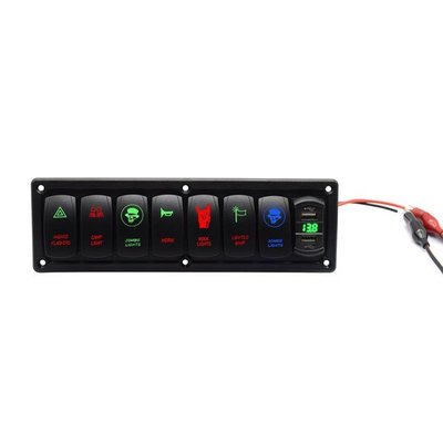 Plastic 7 Gang LED Rocker Switch Panel with 4.2A Dual USB Socket with Volt display Pre-Wired for Auto Car marine Truck