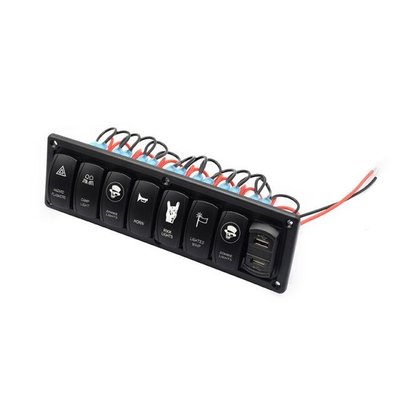 Plastic 7 Gang LED Rocker Switch Panel with 4.2A Dual USB Socket with Volt display Pre-Wired for Auto Car marine Truck