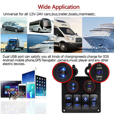 Waterproof Auto car RV Marine boat Rocker Switch Panel with Digital Voltmeter 12V Cigarette Socket Double USB charger