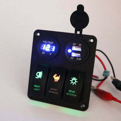 Custom made Auto car marine 3 Gang Rocker Switch Panel with voltmeter and USB socket charger
