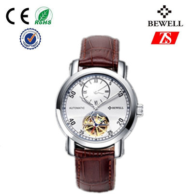 Leather Band Stainless Steel Wrist Watches , Custom Gold Automatic Man Watch