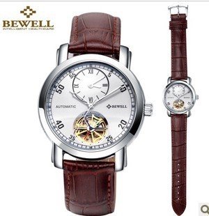 Leather Band Stainless Steel Wrist Watches , Custom Gold Automatic Man Watch