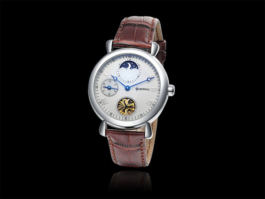 Genuine Leather Strap Stainless Steel Wrist Watches , Marble Dial Watch