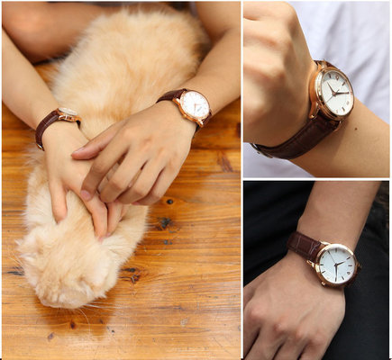 Vogue Couple Lover Stainless Steel Wrist Watches With Leather Strap