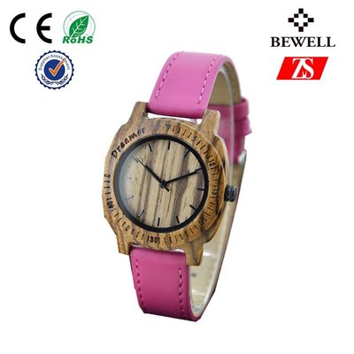 Fashionable Bewell Wooden Watch With Pink Leather Band And Laser Logo