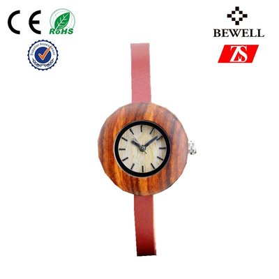 Water Resistance Natural Wooden Watch With Leather Band Round Face