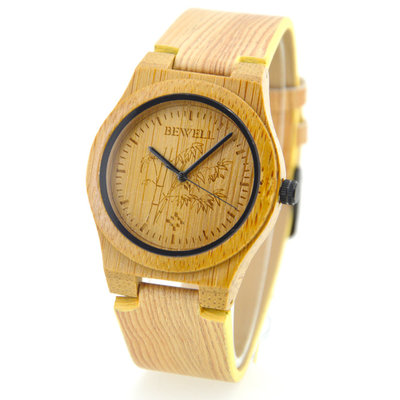 Customized Elegant Men Wooden Watch Harden Glass With Leather Strap