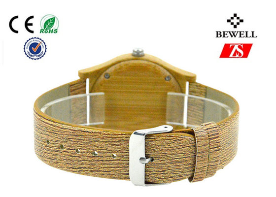 Bamboo Wooden Watch With Leather Band Stell Crwon And Buckle