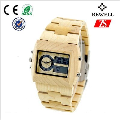 Bewell Natural Maple Wood Wrist Watch For Male With Double Movements