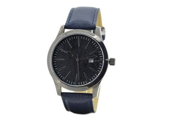 Genuine Leather Strap Watch , Black Stainless Steel Watches For Men