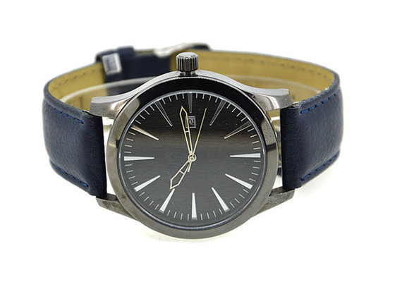Genuine Leather Strap Watch , Black Stainless Steel Watches For Men