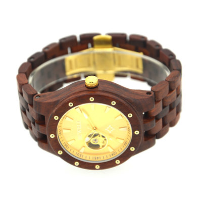 Golden Dial Luxury Automatic Wooden Mechanical Watches With Wooden Band