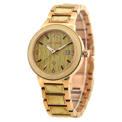 Gold Stainless Steel Mens Watches , Luxury Wood Band Steel Watches For Mens