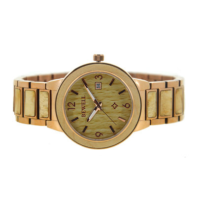 Gold Stainless Steel Mens Watches , Luxury Wood Band Steel Watches For Mens