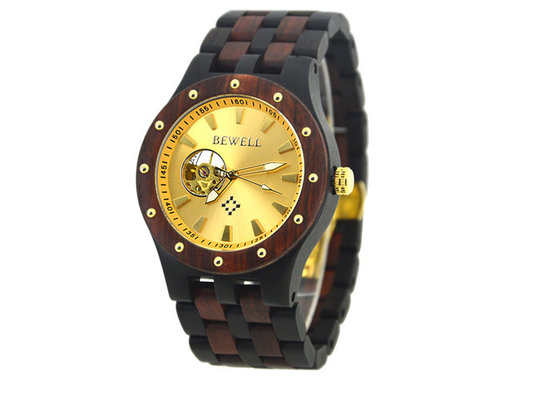 Automatic Movement Gold Dial Bewell Wood Watch Man , Sandalwood Case And Band