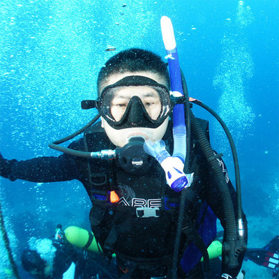 Equipo colorido del buceo con escafandra del marco, máscara que se zambulle y aletas que se zambullen