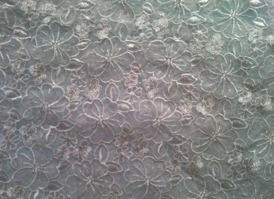 Polyester embroidered Lace Fabric white feather and black organza pattern