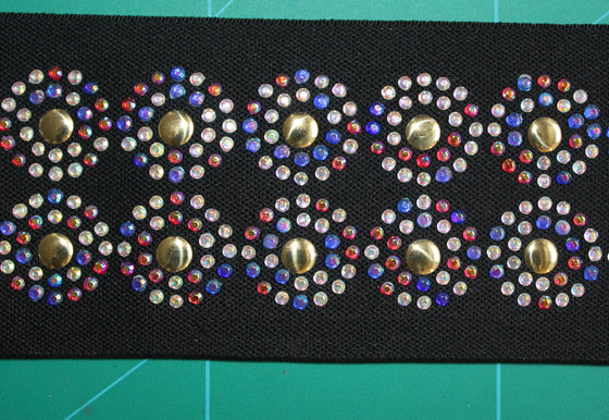 Colorful Rhinestone Black Elastic Webbing 5cm , Beautiful Round Pattern