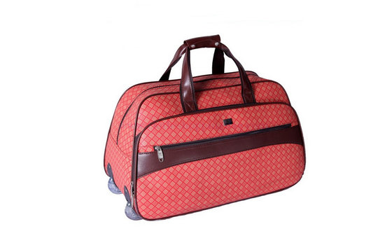 Customized red middle size roller gear bag with a zip front pocket